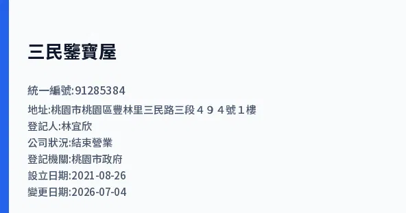 三民鑒寶屋的照片-統編 91285384(桃園市) 公司登記資料與營業項目詳細圖表