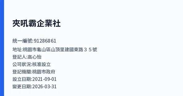 夾吼霸企業社的照片-統編 91286861(桃園市) 公司登記資料與營業項目詳細圖表