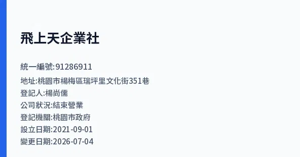 飛上天企業社的照片-統編 91286911(桃園市) 公司登記資料與營業項目詳細圖表