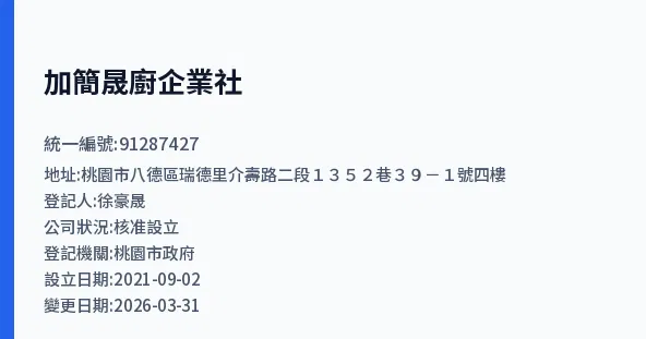 加簡晟廚企業社的照片-統編 91287427(桃園市) 公司登記資料與營業項目詳細圖表