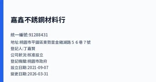 嘉鑫不銹鋼材料行的照片-統編 91288431(桃園市) 公司登記資料與營業項目詳細圖表