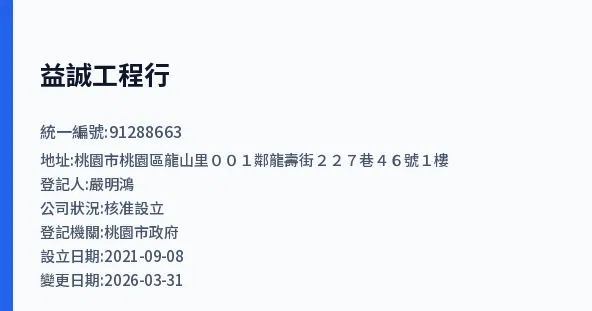益誠工程行的照片-統編 91288663(桃園市) 公司登記資料與營業項目詳細圖表