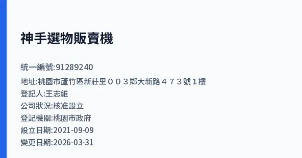 神手選物販賣機的照片-統編 91289240(桃園市) 公司登記資料與營業項目詳細圖表