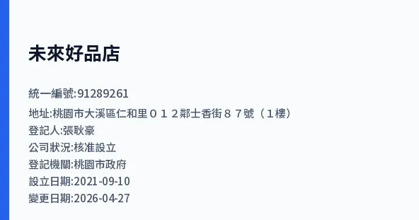 未來好品店的照片-統編 91289261(桃園市) 公司登記資料與營業項目詳細圖表
