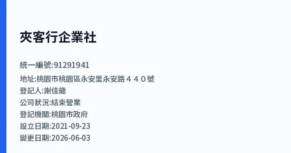 夾客行企業社的照片-統編 91291941(桃園市) 公司登記資料與營業項目詳細圖表