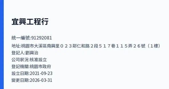 宜興工程行的照片-統編 91292081(桃園市) 公司登記資料與營業項目詳細圖表