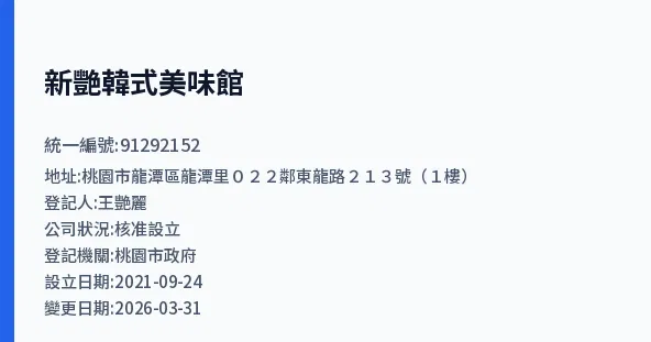 新艷韓式美味館的照片-統編 91292152(桃園市) 公司登記資料與營業項目詳細圖表