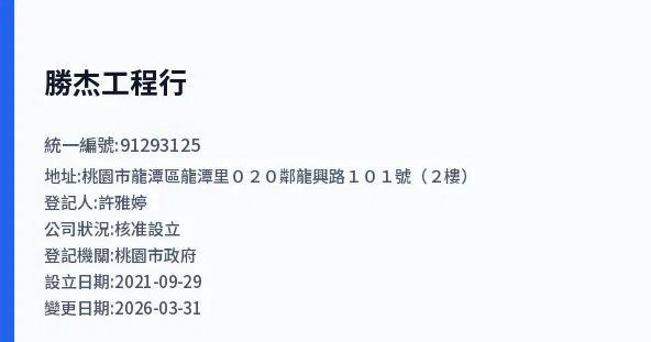 勝杰工程行的照片-統編 91293125(桃園市) 公司登記資料與營業項目詳細圖表