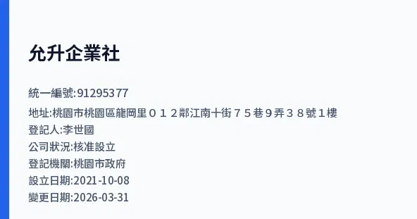 允升企業社的照片-統編 91295377(桃園市) 公司登記資料與營業項目詳細圖表