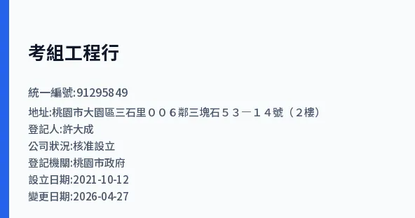 考組工程行的照片-統編 91295849(桃園市) 公司登記資料與營業項目詳細圖表