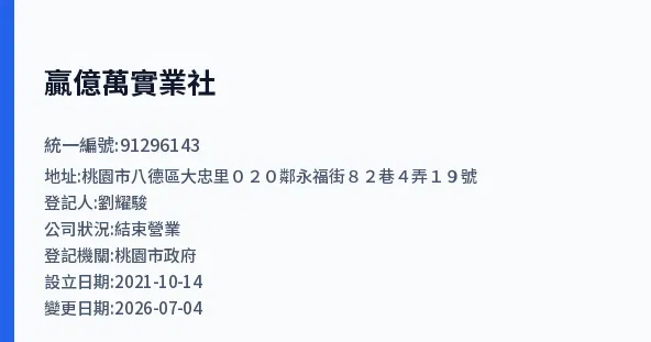 贏億萬實業社的照片-統編 91296143(桃園市) 公司登記資料與營業項目詳細圖表