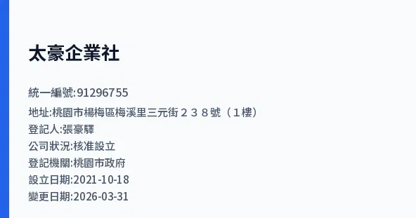 太豪企業社的照片-統編 91296755(桃園市) 公司登記資料與營業項目詳細圖表