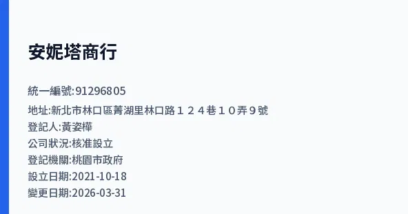安妮塔商行的照片-統編 91296805(新北市) 公司登記資料與營業項目詳細圖表