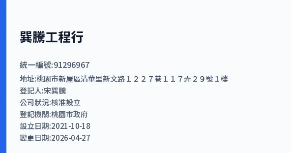 巽騰工程行的照片-統編 91296967(桃園市) 公司登記資料與營業項目詳細圖表