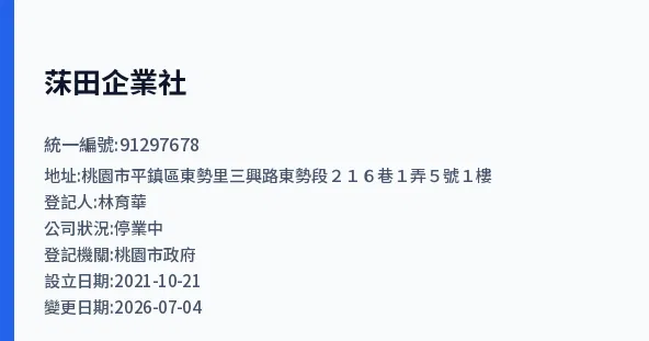 莯田企業社的照片-統編 91297678(桃園市) 公司登記資料與營業項目詳細圖表
