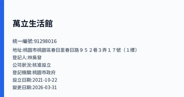 萬立生活館的照片-統編 91298016(桃園市) 公司登記資料與營業項目詳細圖表