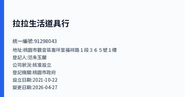 拉拉生活道具行的照片-統編 91298043(桃園市) 公司登記資料與營業項目詳細圖表