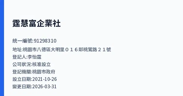 霆慧富企業社的照片-統編 91298310(桃園市) 公司登記資料與營業項目詳細圖表