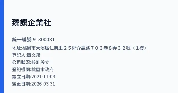 臻饌企業社的照片-統編 91300081(桃園市) 公司登記資料與營業項目詳細圖表