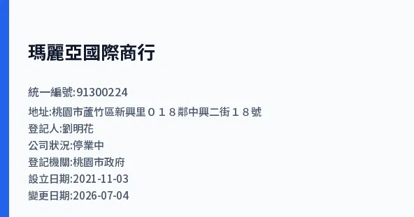 瑪麗亞國際商行的照片-統編 91300224(桃園市) 公司登記資料與營業項目詳細圖表