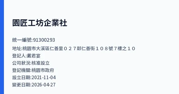 園匠工坊企業社的照片-統編 91300293(桃園市) 公司登記資料與營業項目詳細圖表