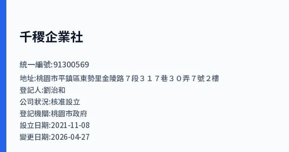 千稷企業社的照片-統編 91300569(桃園市) 公司登記資料與營業項目詳細圖表