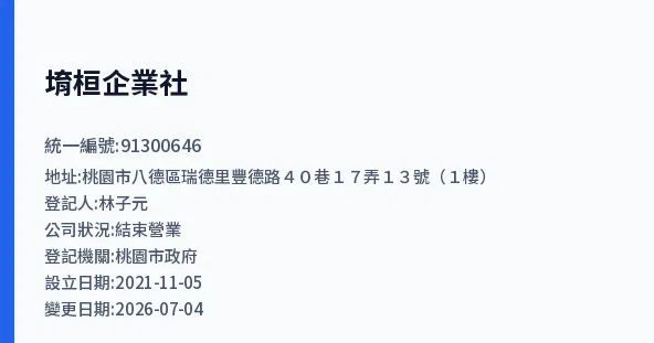 堉桓企業社的照片-統編 91300646(桃園市) 公司登記資料與營業項目詳細圖表