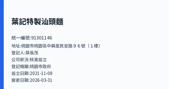 葉記特製汕頭麵的照片-統編 91301146(桃園市) 公司登記資料與營業項目詳細圖表