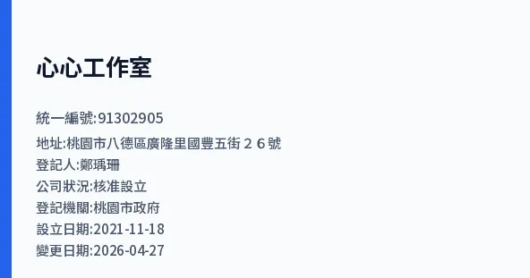 心心工作室的照片-統編 91302905(桃園市) 公司登記資料與營業項目詳細圖表
