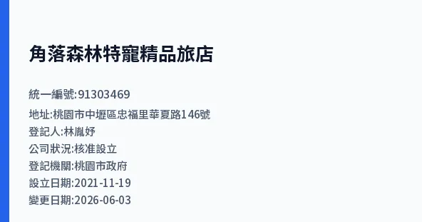 角落森林特寵精品旅店的照片-統編 91303469(桃園市) 公司登記資料與營業項目詳細圖表
