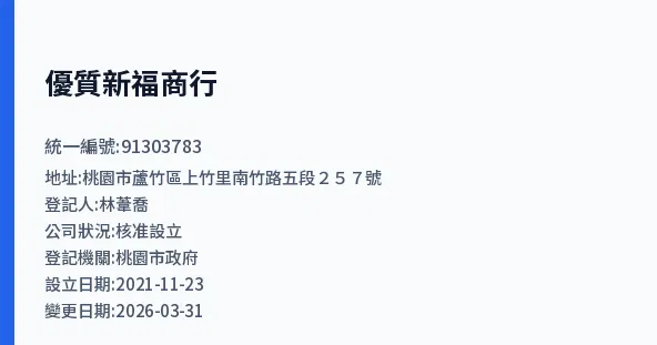 優質新福商行的照片-統編 91303783(桃園市) 公司登記資料與營業項目詳細圖表