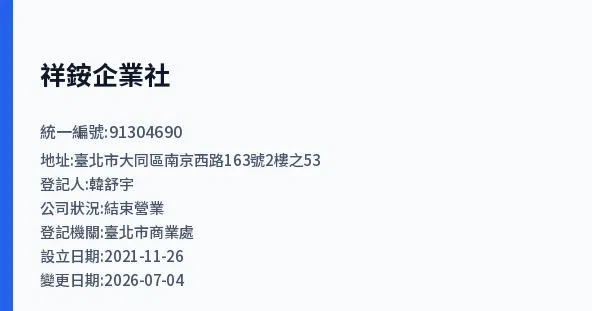 祥銨企業社的照片-統編 91304690(臺北市) 公司登記資料與營業項目詳細圖表