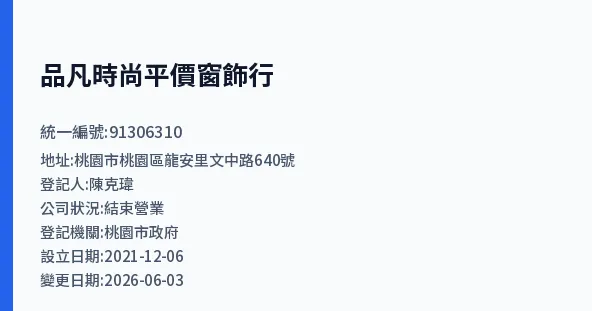 品凡時尚平價窗飾行的照片-統編 91306310(桃園市) 公司登記資料與營業項目詳細圖表