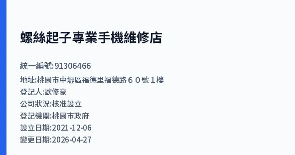 螺絲起子專業手機維修店的照片-統編 91306466(桃園市) 公司登記資料與營業項目詳細圖表