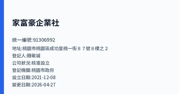 家富豪企業社的照片-統編 91306992(桃園市) 公司登記資料與營業項目詳細圖表