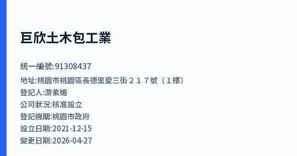 巨欣土木包工業的照片-統編 91308437(桃園市) 公司登記資料與營業項目詳細圖表