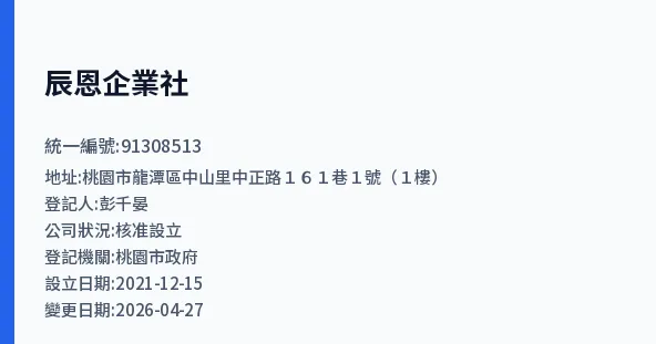 辰恩企業社的照片-統編 91308513(桃園市) 公司登記資料與營業項目詳細圖表