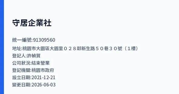 守居企業社的照片-統編 91309560(桃園市) 公司登記資料與營業項目詳細圖表