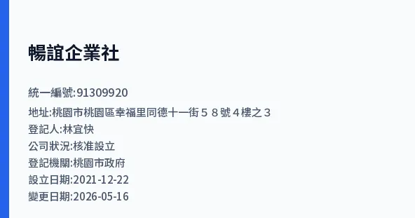 暢誼企業社的照片-統編 91309920(桃園市) 公司登記資料與營業項目詳細圖表