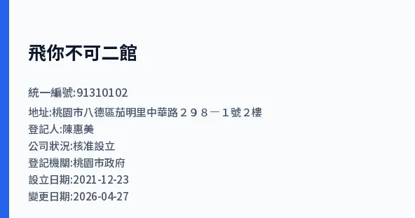 飛你不可二館的照片-統編 91310102(桃園市) 公司登記資料與營業項目詳細圖表