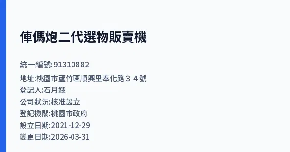 俥傌炮二代選物販賣機的照片-統編 91310882(桃園市) 公司登記資料與營業項目詳細圖表