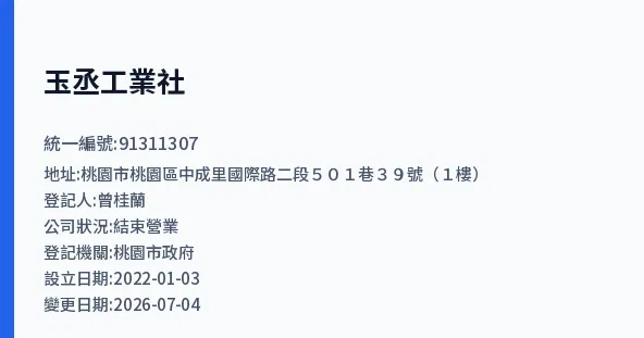 玉丞工業社的照片-統編 91311307(桃園市) 公司登記資料與營業項目詳細圖表