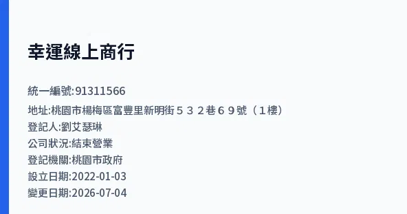 幸運線上商行的照片-統編 91311566(桃園市) 公司登記資料與營業項目詳細圖表