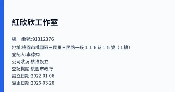 紅欣欣工作室的照片-統編 91312376(桃園市) 公司登記資料與營業項目詳細圖表