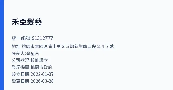 禾亞髮藝的照片-統編 91312777(桃園市) 公司登記資料與營業項目詳細圖表
