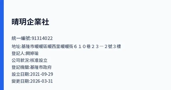 晴玥企業社的照片-統編 91314022(基隆市) 公司登記資料與營業項目詳細圖表