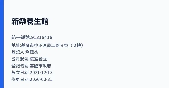 新樂養生館的照片-統編 91316416(基隆市) 公司登記資料與營業項目詳細圖表