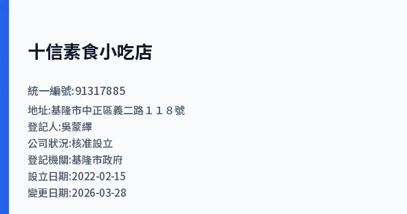 十信素食小吃店的照片-統編 91317885(基隆市) 公司登記資料與營業項目詳細圖表
