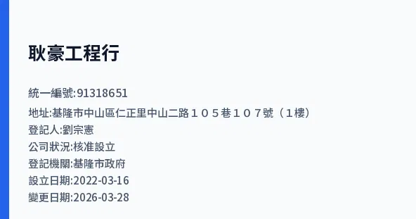 耿豪工程行的照片-統編 91318651(基隆市) 公司登記資料與營業項目詳細圖表