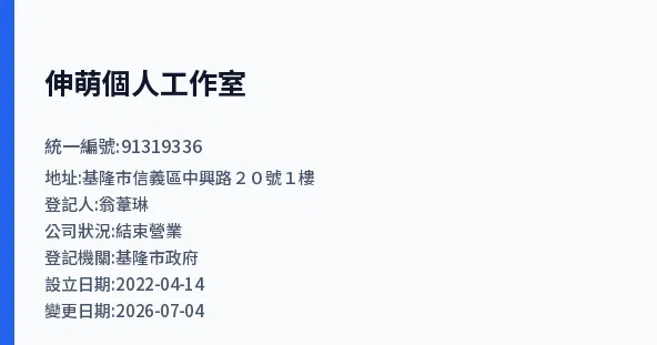 伸萌個人工作室的照片-統編 91319336(基隆市) 公司登記資料與營業項目詳細圖表
